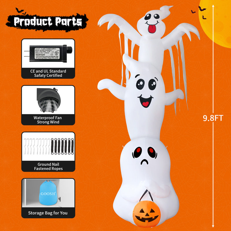 The Holiday Aisle® Halloween Inflatables 9.8 FT Inflatable Overlap Ghosts Blow Up Ghost with LED ...
